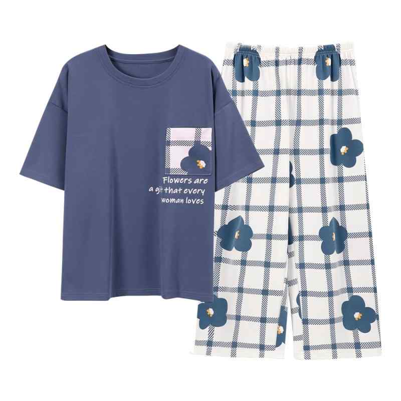 [IDOHEMO] パジャマ 綿100% 半袖 薄手 ルームウェア 女子 レディース 上下セット 吸汗 通気 肌に優しい 部屋着 春・夏・秋・冬用 オシャレ 薄手 快適 柔らか かわいい ブルー 2XL綿100％‐人にやさしいコットン100...