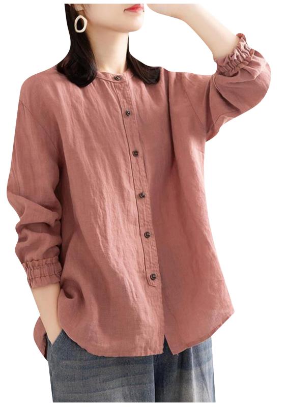 [OMZIN] リネン シャツ レディース トップス 大人 きれいめ おしゃれ 綿麻 ブラウス ボタン 長袖 トップス ゆったり カジュアル 通勤 春夏秋服 ピンク XL素材構成:薄くて軽いで快適な綿の麻生地で作られて、軽量で柔らかく、通気...