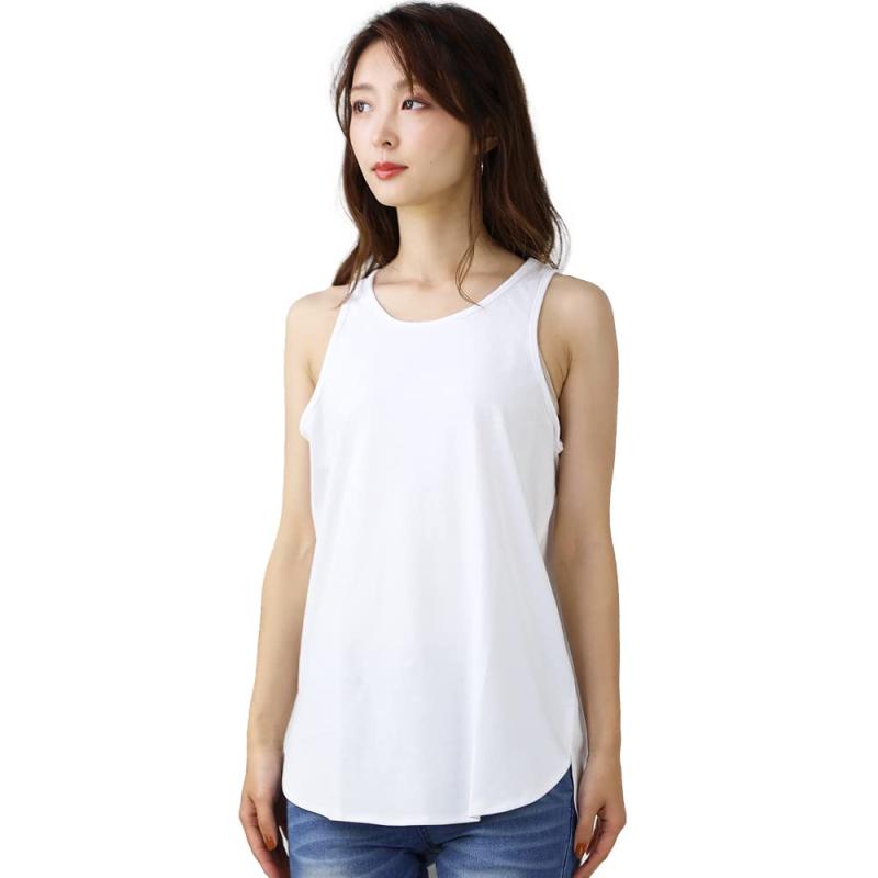 [SWANUNION] タンクトップ レディース 無地 ホワイト ロング丈 すそ丸 U首 M トップス 女性 インナー ブラ紐隠し 細身 タイト f251-m-va2オールシーズン使える無地タンクトップタイトなボディ周りで、スッキリとしたシ...