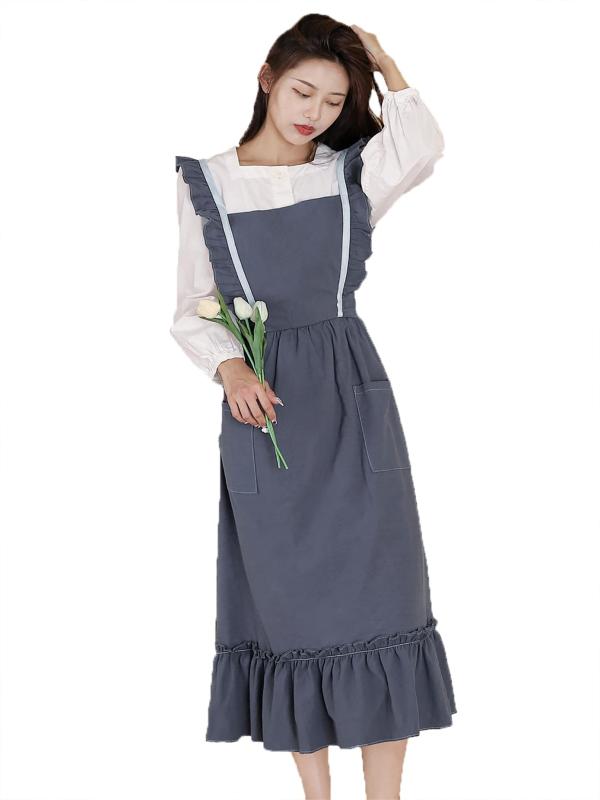 [Nanxson] エプロン ロング 綿麻 ドレス X型 フリル 姫様 メイド ポケット 柔らかいエプロン カフェー 可愛い CF3164 (グレー)【コットンリネン素材】：質の高いコットンリネン素材を採用し、柔らかくて非常に肌ざわりが良く...