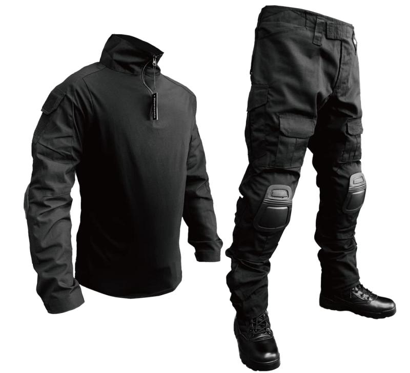 [Howasuto] ホワスト サバゲ― 迷彩服 上下セットエルボーパッド ニーパッド付き 戦闘服 長袖 服 軍服 コンバットシャツ (M, ブラック)【セット内容】コンバットシャツタイプの迷彩服上下セット。取り外しができるエルボーパッド・...