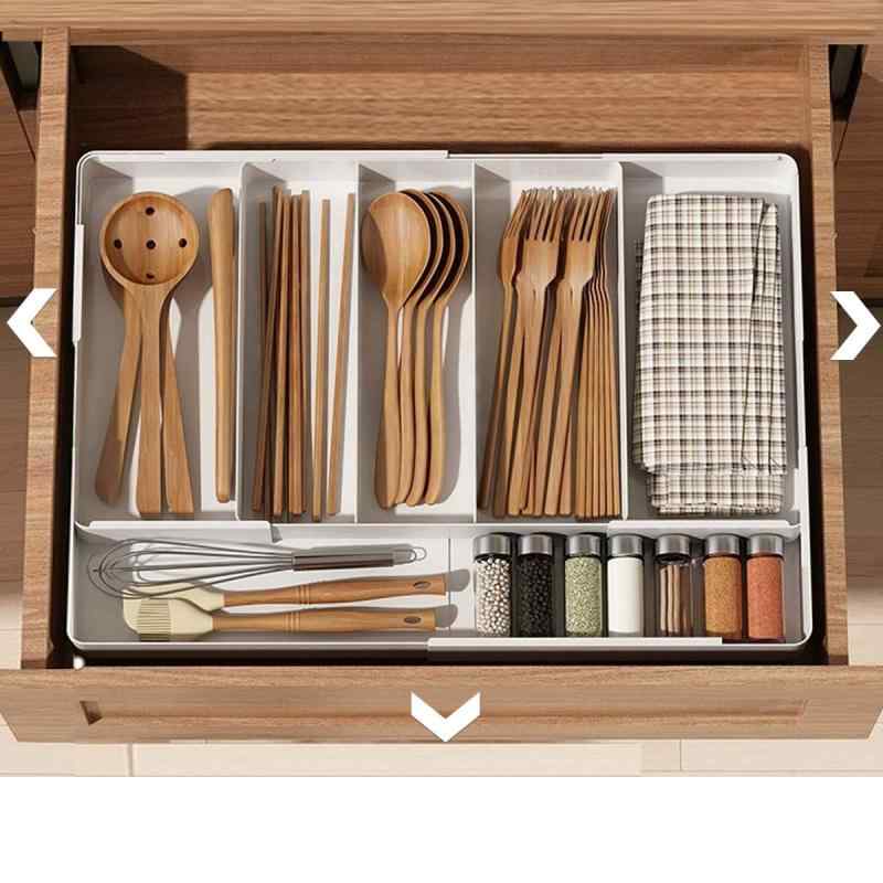 YBWBM カトラリーケース (伸縮 調節可能）カトラリートレー 3面伸縮 スライド カトラリー収納 約W27~51×D27~39×H5cm文房具・化粧品・小物 引き出し 仕切り お手入れ簡単 キッチン 引き出し 取外【3方向への伸縮カトラ...