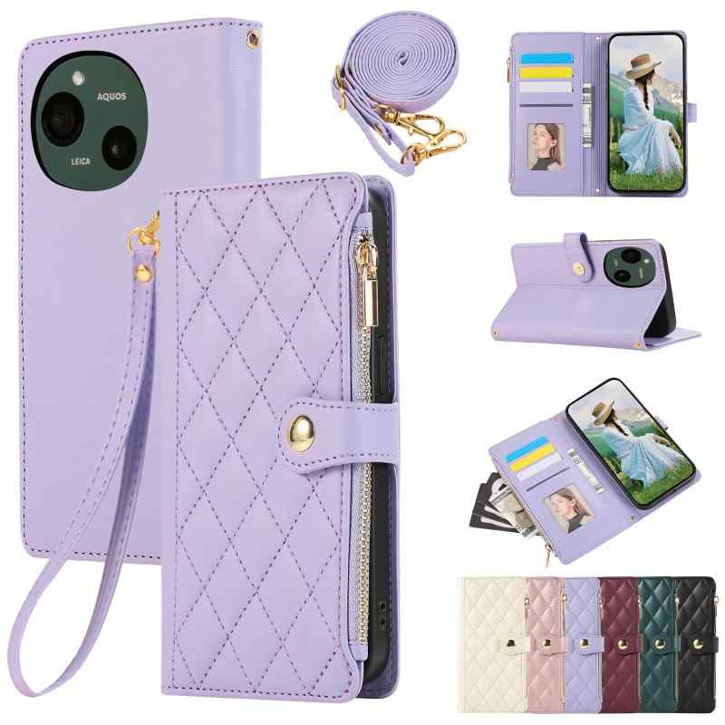 AQUOS R9 ケース 手帳型 アクオスR9ケース ショルダー ひし形柄 SH-51E ケース 人気 女性 スマホケース 肩掛け カード収納 ジップ付き財布 横置き機能 シンプル お洒落 (ミスティ・パープル)【適用型番】 モデルのSha...