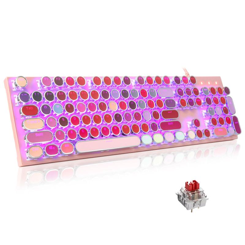 HUO JI タイプライター キーボード 有線 メカニカル 赤軸 静音 テンキー付き 英語配列 レトロ メタルパネル 紫色バックライト 丸型キーキャップ 全キー衝突防止 Windows Mac 対応 (リップステッ【実用とレトロの融合】フル...