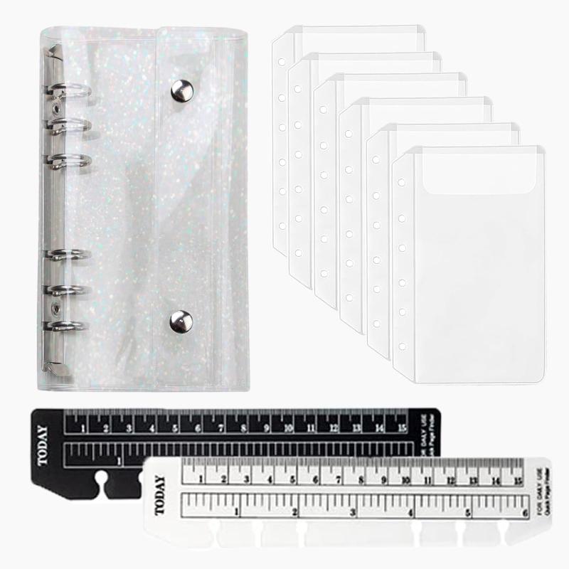 A6 クリアバインダー, PVC素材, 6穴システム手帳フォルダー, バインダーポケット6枚付き, 定規2枚付き, 紙追加可能, 小物収納整理用, 超軽量 (輝く透明)基本仕様: A6サイズ、PVC素材使用の6穴システム手帳フォルダー、超軽...