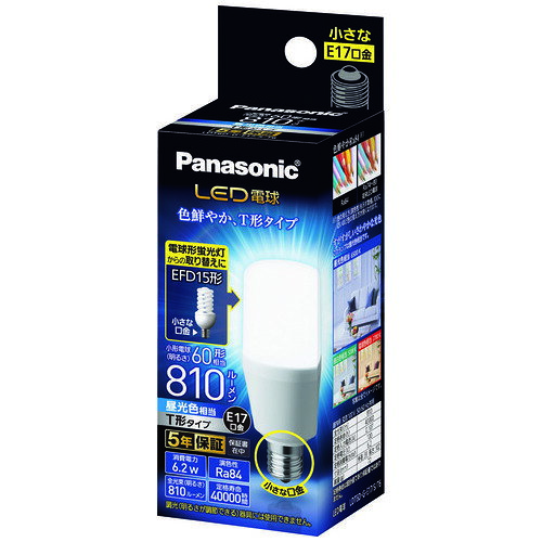 ●電球型蛍光灯(D形)からの取り替えにおすすめのLED電球T形タイプ。●色：昼光色●全光束：810lm●色温度：6500K●該当シリカ電球：60形相当●口金：E17●定格電圧：100V(50／60Hz)●定格電流：0.107A●定格電力：6...