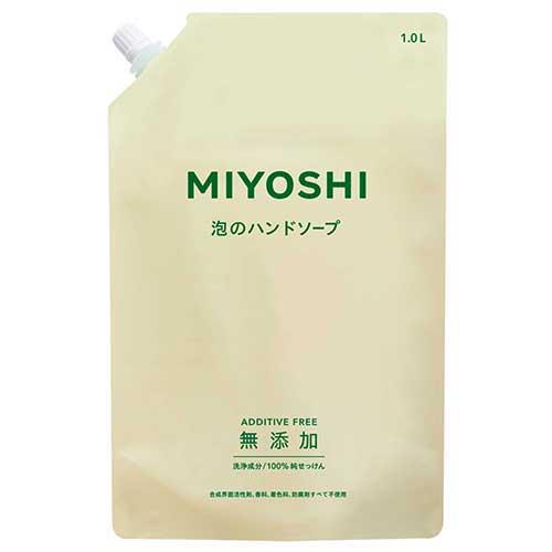 ●香料・着色料・防腐剤など無添加のせっけんです。●販売名：ミヨシ M 泡のハンドソープ●石鹸類●寸法：本体W：180mm●H：270mm●D：80mm●内容量：1L●液性：弱アルカリ性●成分：水、ラウリン酸K、ミリスチン酸K、パルミチン酸K...