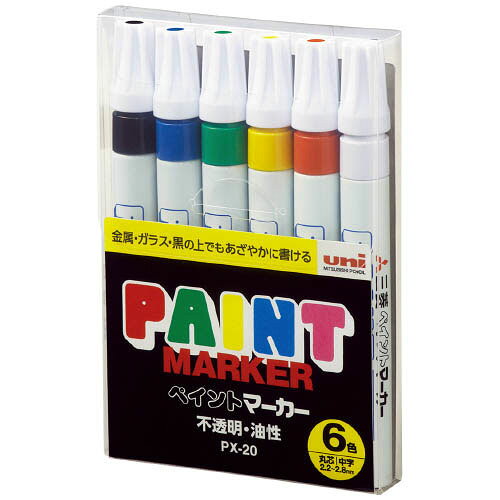 ペイントマーカー中字。黒の上でも鮮やか発色。油性なので紙以外にもガンガン書けます。筆記線幅は2．2〜2．8mm。●入数：6本リニューアルに伴い、パッケージ・内容等予告なく変更する場合がございます。予めご了承ください。広告文責：楽天グループ株...