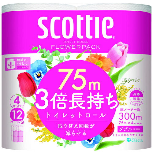 ●4ロールで12ロール分の3倍長持ちタイプ。●入数：48ロール(4ロール*12パック)●芯：有●外形寸法(幅)[mm]：108●長[m]：75●ミシン目：有●香り：くつろぎの花の香り●タイプ：ダブル75m●エンボス加工：有●材質：パルプ+紙...