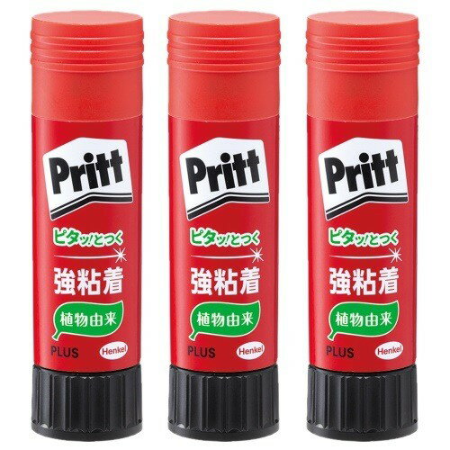 Prittスティックのり。しっかりくっつく強粘着タイプ。植物由来成分使用！厚手の封筒の封かんにもおすすめ。紙はもちろん写真や布などにも使用できます。●サイズ：ミディアム●梱包形態：セリース3本●内容量[g]：約20●用途：紙、厚紙、写真、布...