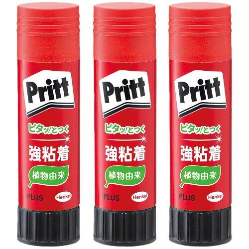 Prittスティックのり。しっかりくっつく強粘着タイプ。植物由来成分使用！厚手の封筒の封かんにもおすすめ。紙はもちろん写真や布などにも使用できます。●サイズ：ジャンボ●梱包形態：セリース3本●内容量[g]：約40●用途：紙、厚紙、写真、布●...