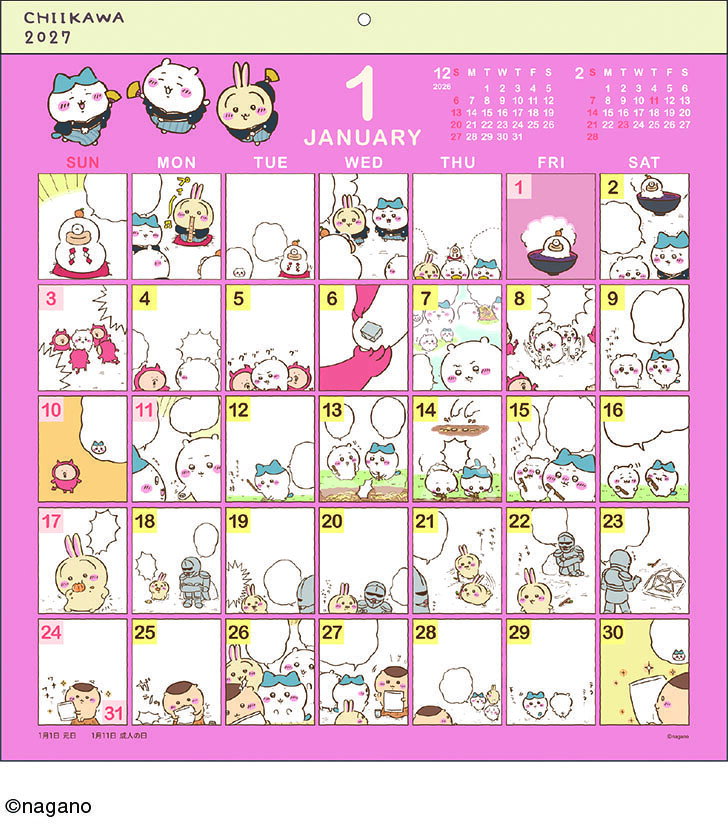 2027 CALENDAR COLLECTION ちいかわ コミックデザイン PRODUCT SPECIFICATIONS 商品品番 27CL-0071 発売予定日 2026年09月19日 発売 仕様・サイズ 36×34cm・12枚 (壁掛...