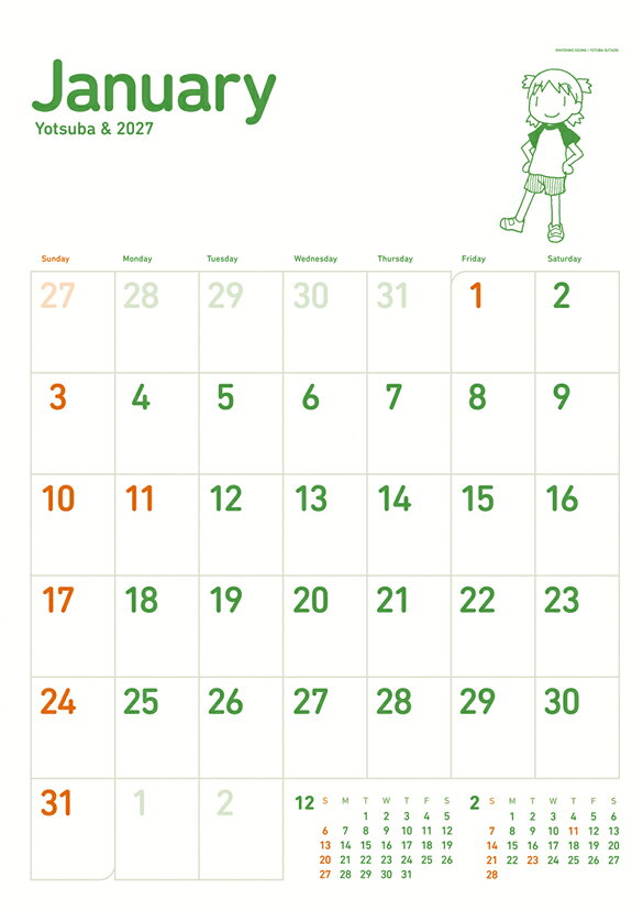 2027 CALENDAR COLLECTION よつばと！ PRODUCT SPECIFICATIONS 商品品番 27CL-0090 発売予定日 2026年10月03日 発売 仕様・サイズ A2・13枚 (巻) 定価 (税込) 2,20...