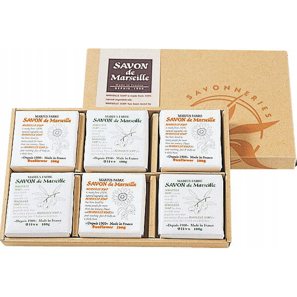 ●商品内容：ソープ（オリーブ・サンフラワー）100g×各3●無香料●箱サイズ：23×15.2×3cm●箱重量：678g●原産国：FRA：フランス●包装種別区分：化粧箱入●宅配冷蔵区分：常温〈br〉こんなご用途にご使用できます 出産内祝い 結...