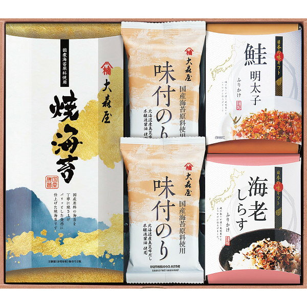慣れ親しんだ美味しさは大森屋ならではの贈り物。●商品内容：大森屋焼海苔8切8枚×2、大森屋味付のり8切5枚×2、鮭明太子ふりかけ4g×3、海老しらすふりかけ3g×3●箱サイズ：28.5×25×5cm●箱重量：280g●包装種別区分：化粧箱入...