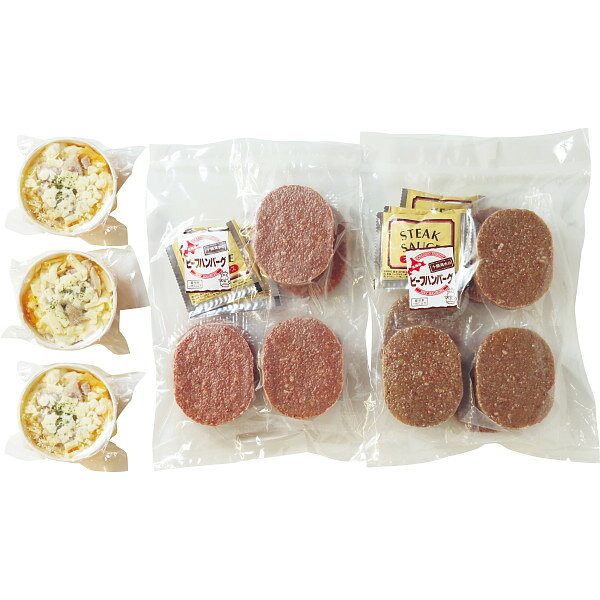 北海道産の鶏肉と米を使用したチキンドリアと十勝清水町で育てた肉を使用したハンバーグのセット。●商品内容：北海道チキンドリア110g×3、十勝清水牛ハンバーグ（牛肉使用）（100g×6、ソース30g×3）×2●箱サイズ：33.6×23.6×1...