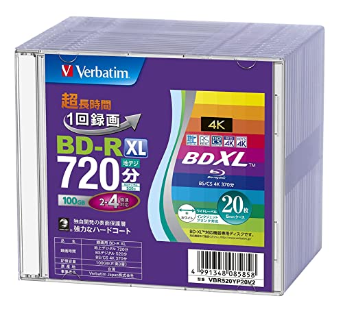 20枚パックホワイト/1回録画 100GB/VBR520YP20V2・Size:1回録画 100GBStyle:20枚パック・パッケージ個数:1・品種:録画用 BD-R XL(100GB)・1回録画用・録画時間:地デジ 720分 / BSデ...