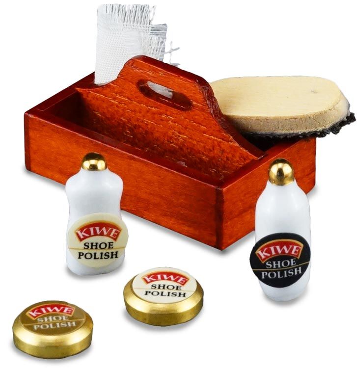 ドイツ　ロイター社のミニチュアです。靴磨き道具のミニチュアなんて、思いつきませんでしたね！ぜひあなたのドールハウスにお役立てください！アクリルケース入りです。木製箱のサイズ：34x20xH15ミリ。※ブラシ、布、ボトル1本は木箱に接着されて...