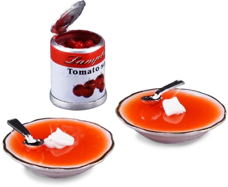 ドイツロイター社製のミニチュアです。トマトスープとトマト缶のセットなんて、ただただ可愛いだけです！これぞロイターミニチュアです！スケールは1/12です。アクリルケース入りです。アクリルケースからは取り出せます。※スプーンは接着されています。...