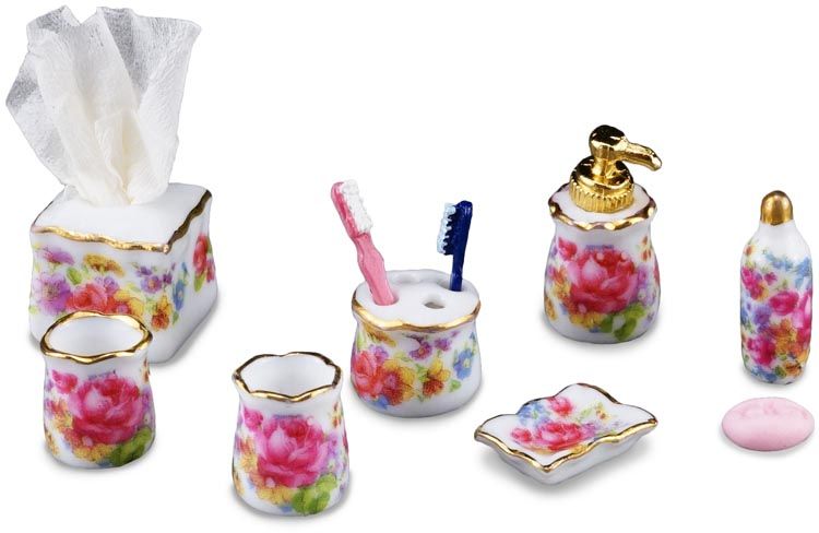 素敵なバスルームアクセサリーのセットですね！ドレスデンローズの柄も本当に素敵ですよ！アクリルケース入りです。アクリルケースのサイズ：W80xD55xH48ミリ。※アクリルケースからは取り出せます。