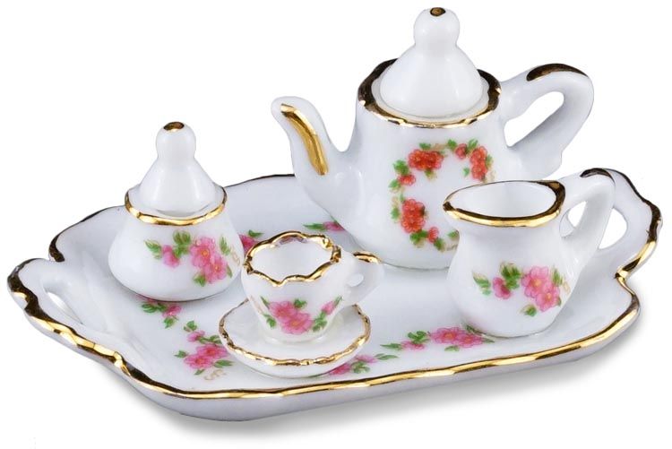 少し小さめのティーセットですが、かわいらしいです。すべてトレーに接着されています。ティーポットのフタも接着されています。※こちらは1/12より少し小さめです。サイズをお確かめください。アクリルケース入りです（アクリルケースからは取り出せます...