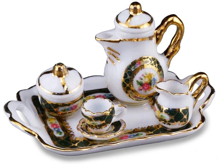 少し小さめのティーセットですが、かわいらしいです。すべてトレーに接着されています。ティーポットのフタも接着されています。※こちらは1/12より少し小さめです。サイズをお確かめください。アクリルケース入りです（アクリルケースからは取り出せます...