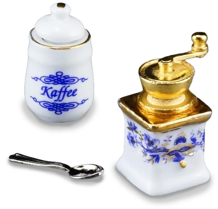 ドイツロイター社製のミニチュアです。かわいいコーヒーミルと、保存ポット、スプーンのセットです。ぜひドールハウスのキッチンに！アクリルケース入りです。アクリルケースのサイズ：W55xD42xH35。スケールは1/12です。※ハンドルは回りませ...