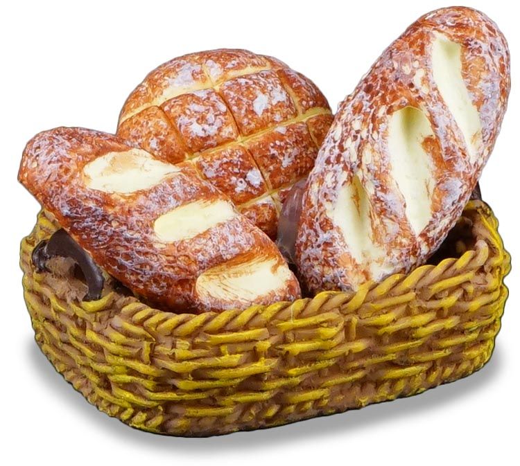 ドイツロイター社製のミニチュアです。樹脂製のバスケットの中に、パンがかわいく並べられています！キッチンやお店屋さんのドールハウスに置くだけで、簡単ですね！手軽に臨場感を出したい貴方に！※パンは接着されています。バスケットのサイズ：W35xD...