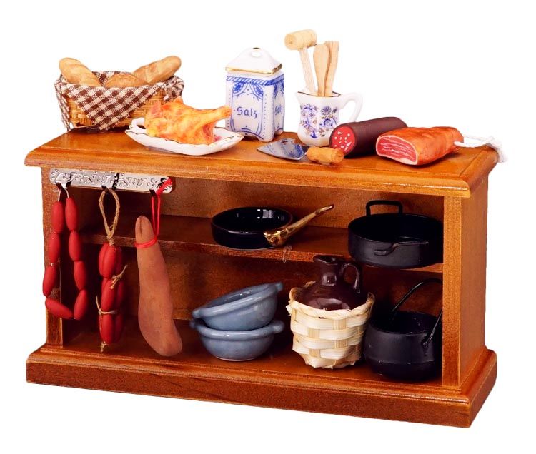 ドイツ　ロイター社のミニチュア家具です。サラミやハムから、香ばしい匂いがしてきそうです！ドイツに行ったとき、絵に描いたような干し肉が沢山ぶら下がったお肉屋さんが印象的でした。ドイツ人からすると、イタリアはこのようなイメージなんですね〜！木製...