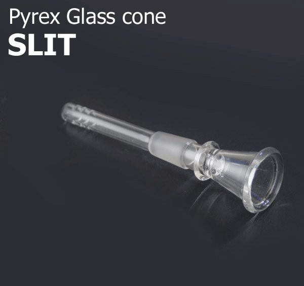 パイレックスガラス（耐熱ガラス）製のコーンです。 ■コーンの末端には6本のスリットが刻まれており バブルを細分化します ■スペック ■サイズ　約110mm（ボング内に約65mm程度収まります） ■コーン外径32mm ■適応する水パイプ　受け...