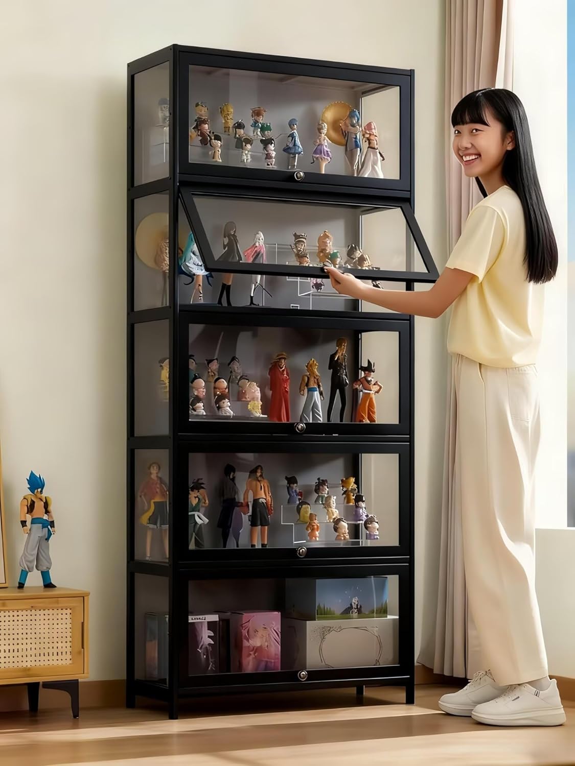 フィギュア 棚 展示ラック 4段 5段 3色 幅60cm 密閉防塵設計 天然竹フレーム アクリル収納棚 コレクションケース 展示ボックス 大容量 ディスプレイラック 玄関 リビング 寝室 オフィス 工芸品店書 (黒60×33×172.5cm...