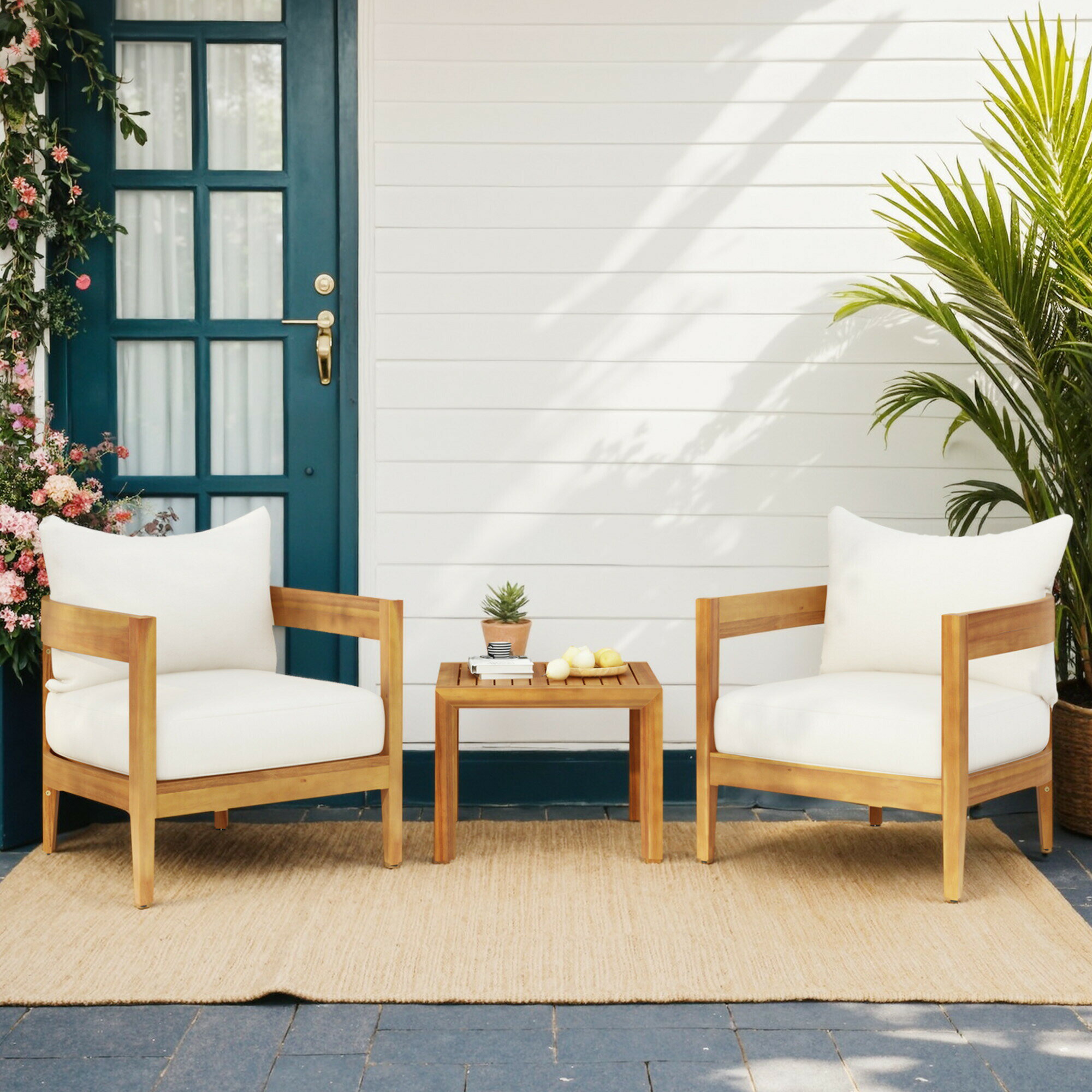 ソファ ガーデンファーニチャー 3点セット 天然木 屋外用 肘掛け ガーデンファニチャー ホテル カフェ ベランダ テラス テーブル 家具 高級 おしゃれ美しい木目が特徴のアカシア無垢材で作られたガーデンセット。高級感あふれるデザインで、長...