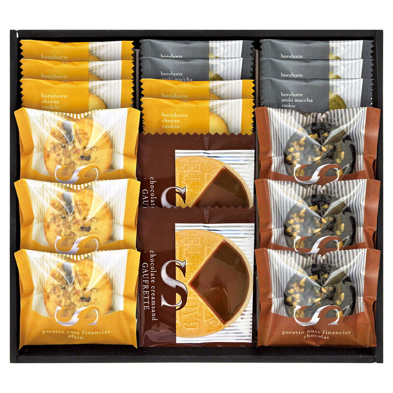 ●商品内容 ほろほろクッキー(チーズ・抹茶)×各5、ごろっとナッツフィナンシェ(バニラ・ショコラ)×各3、ゴーフレット(チョコ)×2 ●パッケージサイズ 26×29×4.5cm 0.5kg ●賞味期限 製造日より常温4ヶ月 ●アレルギー 卵...