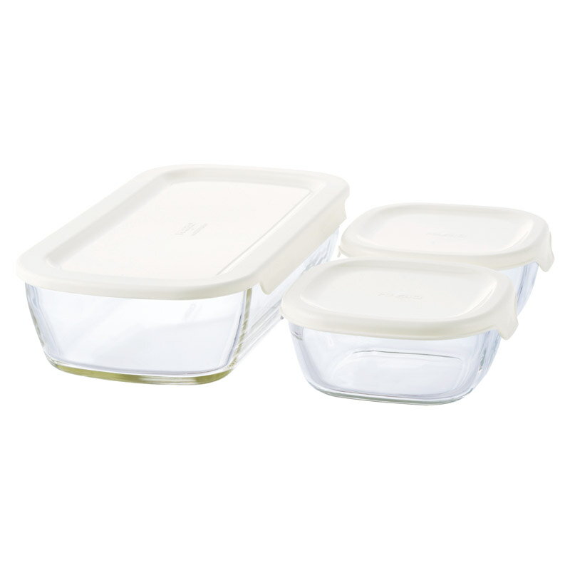 ●商品内容 四角型(10.7×11.1×4.7cm・250ml)×2、長方形(12.5×23.8×5.6cm・900ml)×1 ●材質 本体:耐熱ガラス、蓋:ポリプロピレン ●パッケージサイズ：13.7×24.5×11.6cm 900mlの...