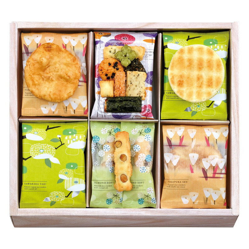 ●商品内容 ぷかぷか煎だし醤油×8、やわらか焼やき塩・ア-モンドそふとやき塩×各6、ぐるめ探訪×3 ●パッケージサイズ：27.5×33×5.7cm ●賞味期限：製造日より常温4ヶ月 えくぼ屋の美味がたっぷり詰まった、個性豊かなおかきとおせん...