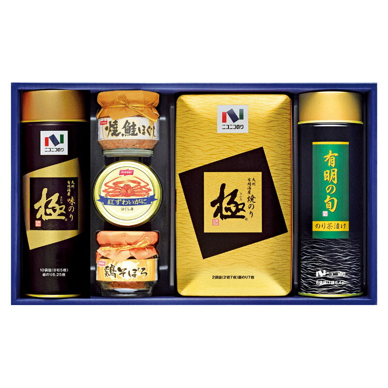 ●商品内容 のり茶漬け缶(6.4g×8袋)・味のり丸缶10袋詰(8切5枚)・焼のり半裁缶2袋詰(2切7枚)・紅ずわいがにほぐし身(55g)・焼鮭ほぐし瓶・鶏そぼろ瓶(各50g)×各1 ●パッケージサイズ：25×41×8.2cm ●賞味期限：...