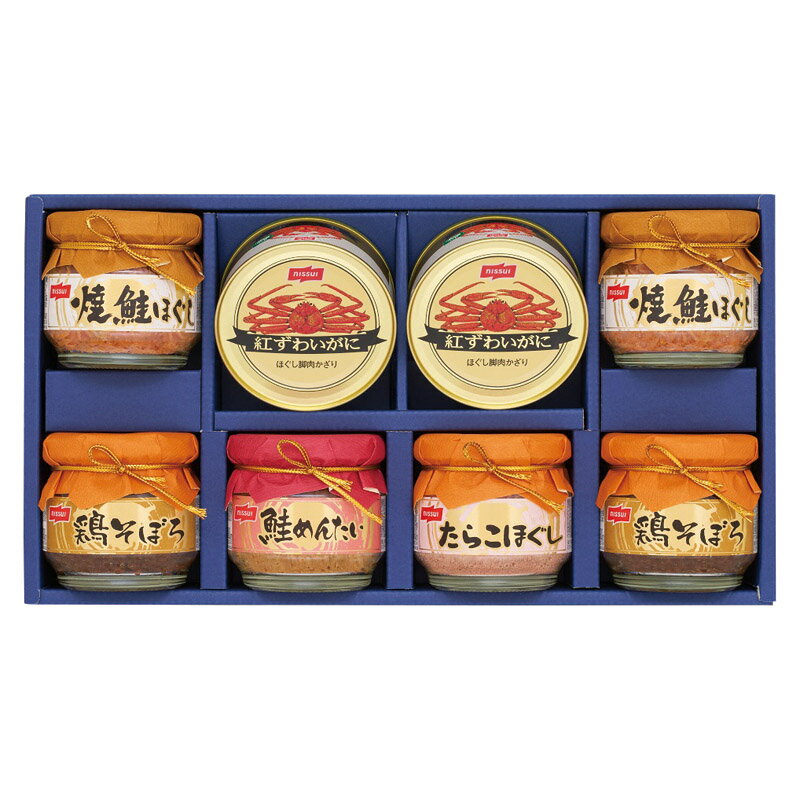 ●商品内容 紅ずわいがにほぐし脚肉かざり・焼鮭ほぐし・鶏そぼろ(各50g)×各2、鮭めんたい・たらこほぐし(各50g)×各1 ●パッケージサイズ：17.1×32.1×7.4cm ●賞味期限：製造日より常温2年 定番のかに缶詰と食卓に人気の瓶...