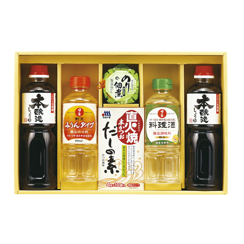 ●商品内容 サンビシ本醸造しょうゆ500ml×2・日の出(割烹みりんタイプ・料理酒)各400ml・島乃香のり佃煮80g・マルトモ直火焼本かつおだしの素(4g×10袋入) 【乳成分・小麦】 ●パッケージサイズ：箱255×377×75mm 27...