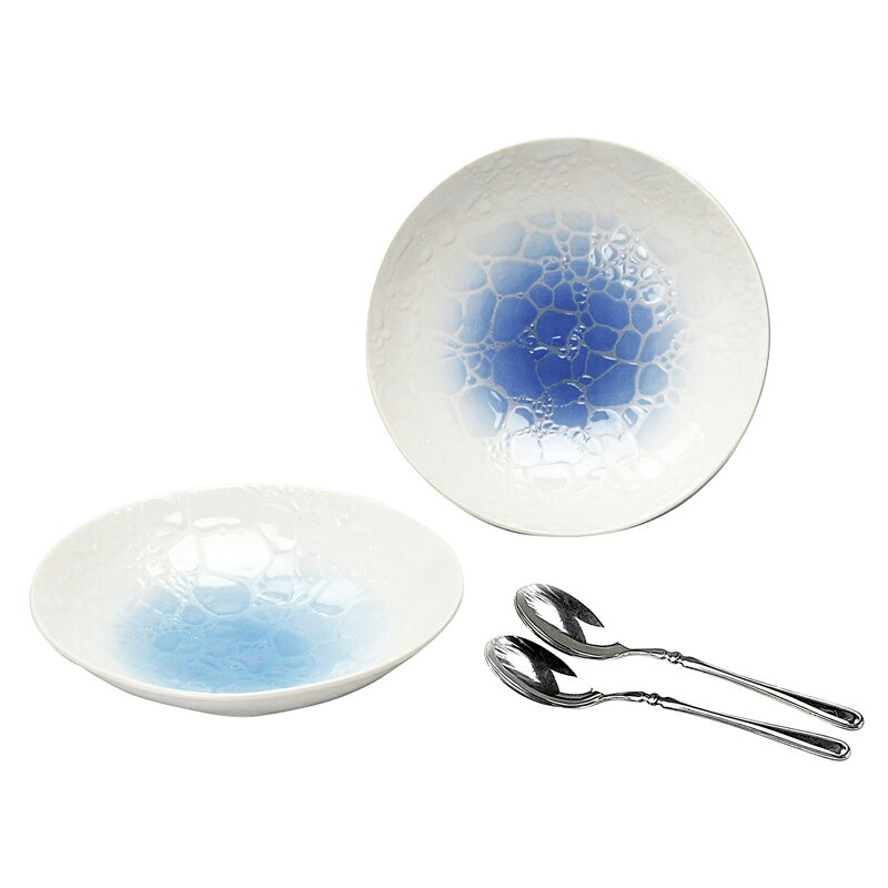 ●商品内容 カレー皿φ215×47mm×2・ステンレススプーン185mm×2 ●パッケージサイズ：箱225×228×70mm 1100g ●材質 カレー皿:磁器・ステンレススプーン:ステンレス沖縄の美しい海を感じるうつわ。「ちゅら海」をイメ...