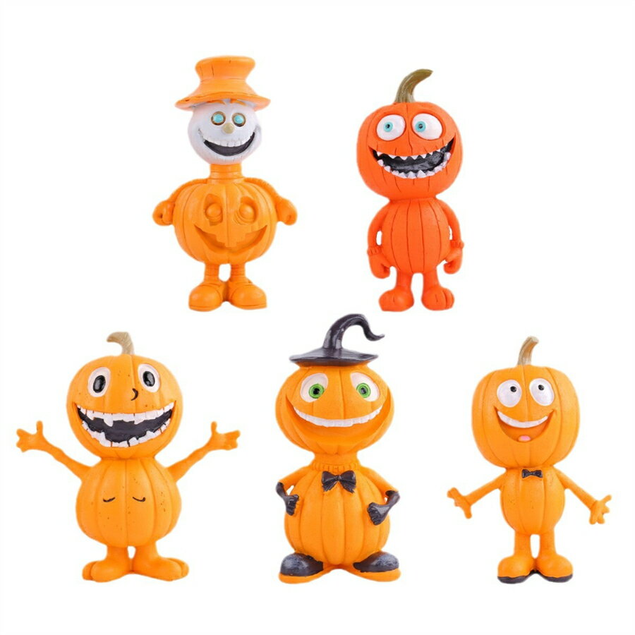 ハロウィンの雰囲気を一層盛り上げる「5点セット　ハロウィン カボチャ人置物」は、ホームガーデンやテーブルの装飾に最適な樹脂製の工芸品です。お洒落でかわいいデザインが特徴で、パーティーやイベントの飾り付けにぴったりです。各カボチャ人形はユニー...