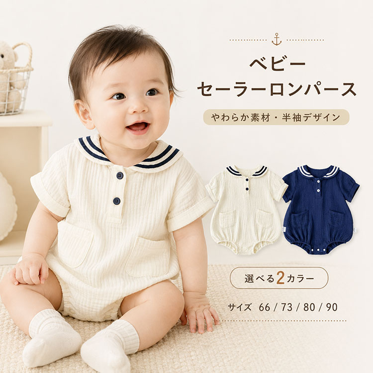 商品説明商品名 爽やかなセーラーカラーが目を引く、半袖タイプのベビーロンパースです。 ナチュラルな風合いのガーゼ風生地を使用し、見た目にもやさしく、春夏のベビーコーデにぴったり。 ふんわりとした丸みのあるシルエットが、赤ちゃんらしいかわいさ...
