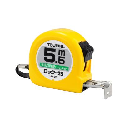 便利なロック機能付きテープを固定できる、ロックタイプ0点補正移動爪ショックアブソーバー付目盛仕様：尺相当目盛テープ幅：25mmテープ長さ：5.5mヨンゴーゴーピッチ表示付