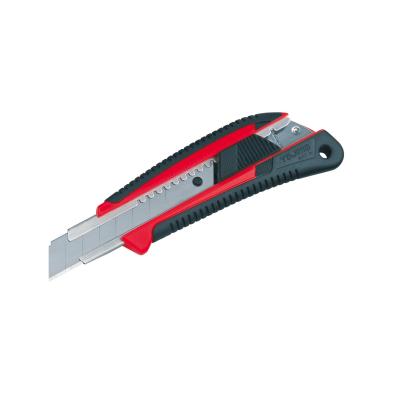 握りやすい、すべらないオートロック式（ロック力25キロ）です頑丈な0.8mm厚ブレードホルダーを採用プラスチックボディに軟質のエラストマ—を一体成型（ダブルインジェクション製法）替刃タイプ：L型替刃（0.5mm厚×18mm幅）オートロック式