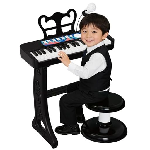 多機能ピアノキーボードおもちゃ:37鍵、22曲内蔵デモ、4種類のリズム、4つの異なる楽器音を備えています。特筆すべきは、マイクとスツールが付属している点。お子様が本格的な音楽体験を楽しめるように設計されており、安定したスツールに座り、キーボ...
