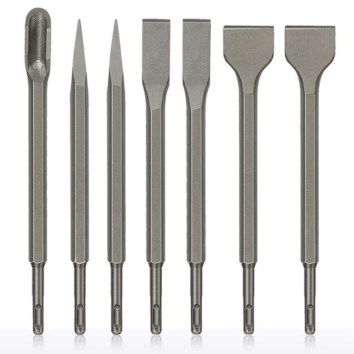 ■重量:1.73 kg ■有効長:250mm ■材質:45crタングステン鋼 ■フラットチゼルx2本 U型チゼルx1本 ポイントチゼルx2本 コールドチゼルx2本(合わせて7本) ■平タガネ(フラットチゼル/コールドチゼル)x2本 直経:1...