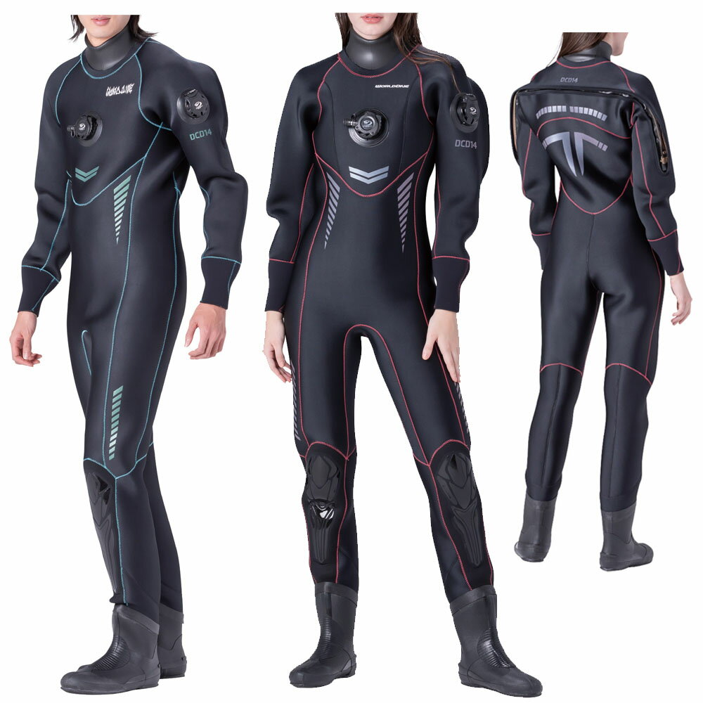 ■ワールドダイブ　ドライスーツ　DCD14 黒ベースのシンプルなデザインにキラリと光るデカールがアクセント。 エントリーダイバーにおススメのドライです。 裏地は、抗菌防臭 効果の高いリブフレッシュPを採用しました。気になるスーツ内の臭いも安...