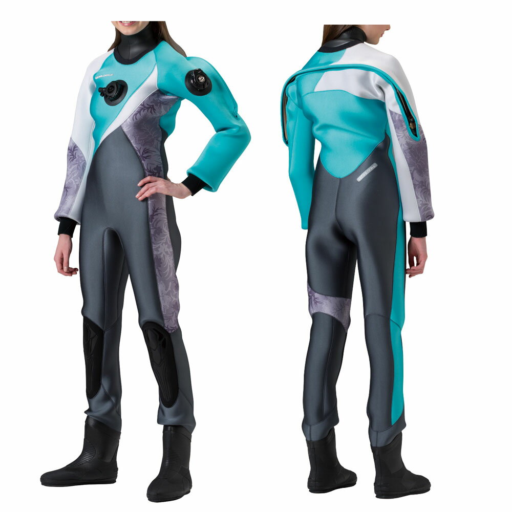 ■ワールドダイブ　ドライスーツ　DCD4 女性専用デザイン。 オンシーズンはもちろん、秋から春先までのシーズンにも対応するスタンダードスーツです。 メイン素材にはストレッチ性に優れたグロッシーファイバーを採用。豊富なカラーから自由に選べ、カ...