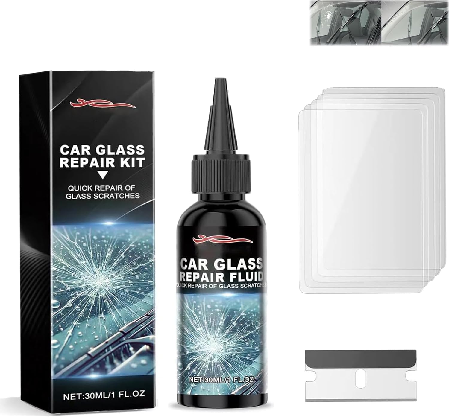 ・内容量:30ml ・修復所要時間:20~30分 ・適応損傷サイズ:直径25mm以下の小さな損傷(飛び石、星型、ブルズアイ、半月状のひび)