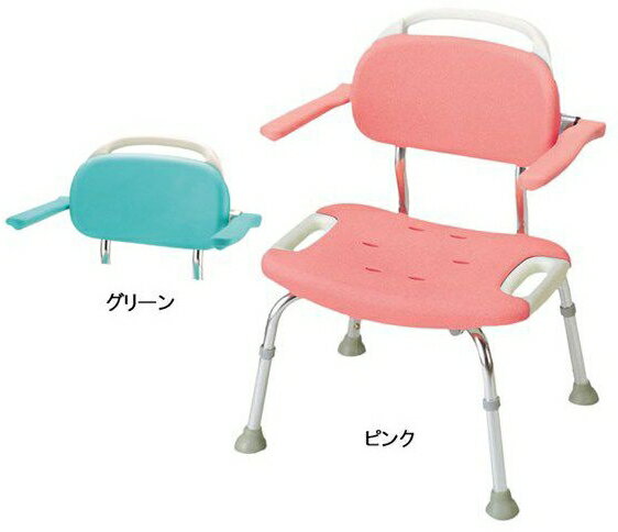 ・はね上げ式ひじ掛け・座面を覆う、ソフトパッドで座ぶとんのようなやわらかさで快適。・入浴時の動作がラクな肘掛付きです。●サイズ／幅52×奥行54×高さ70〜80cm、座面高さ35〜45cm（5段階）、座面幅50cm●重量／5.6kg●材質／...
