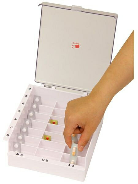 ・1日3回（朝・昼・夜）1週間分の薬が整理でき、飲み忘れを防ぎます。●サイズ／幅19.5×奥行22×高さ8.2cmメーカー：幸和製作所くすり整理ボックス